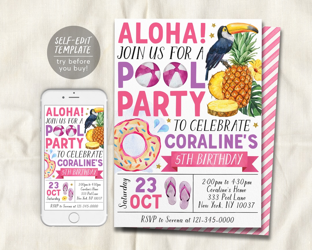 Aloha Tropical Pool Party Birthday Invitation Editable Template, Summer ...