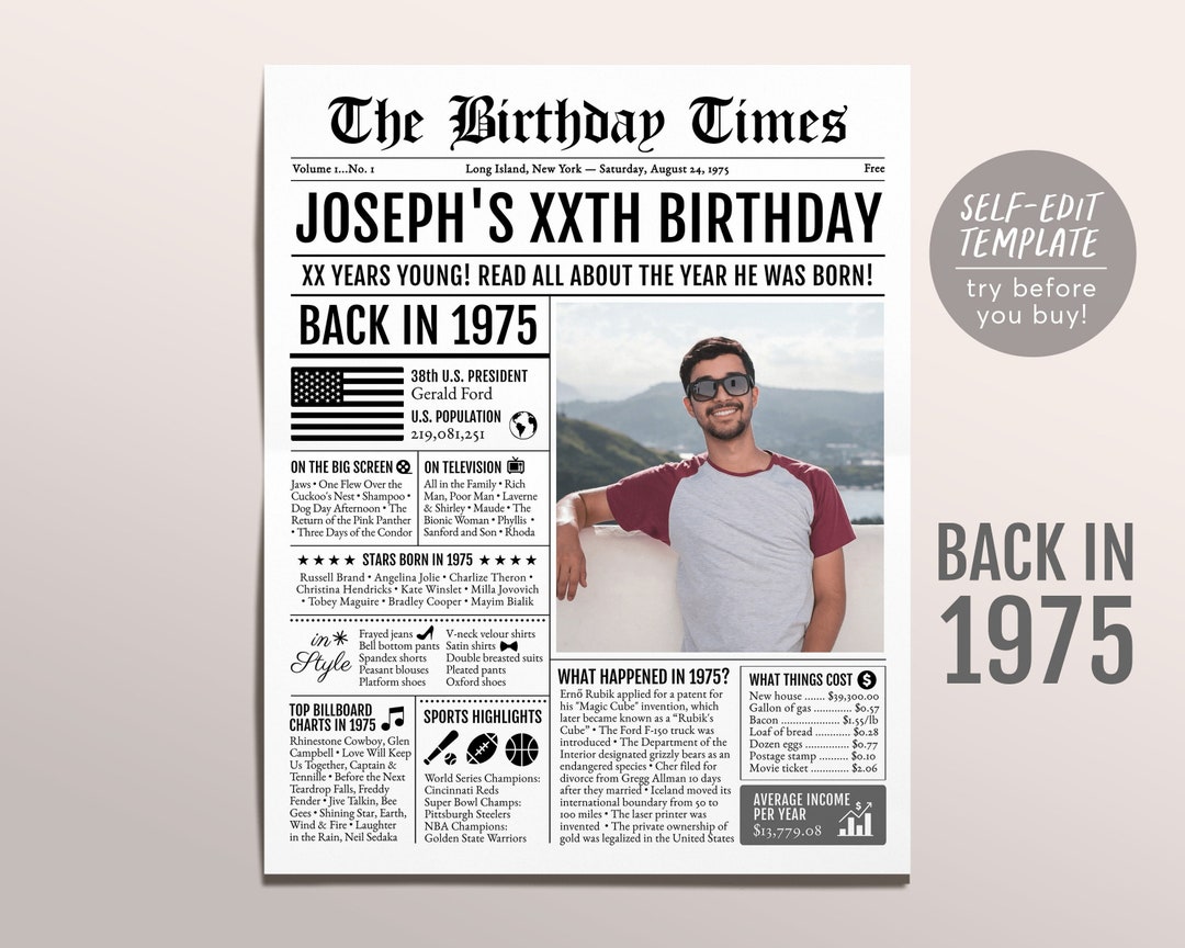 Back in 1975 Birthday Newspaper Editable Template, 48 49 50 Years Ago ...