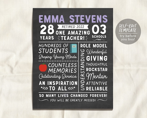 Editable Teacher Retirement Gift Chalkboard Printable Teacher - Etsy