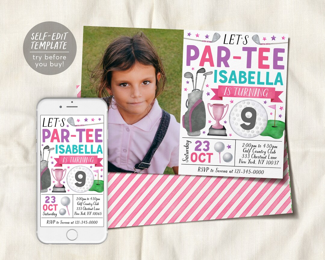 Golf Birthday Invitation With Photo Editable Template, Girl Let's Par ...