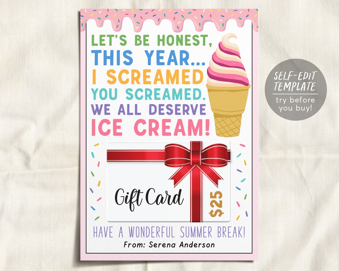 Ice Cream Gift Card Holder Editable Template, Funny Summer Last Day of ...