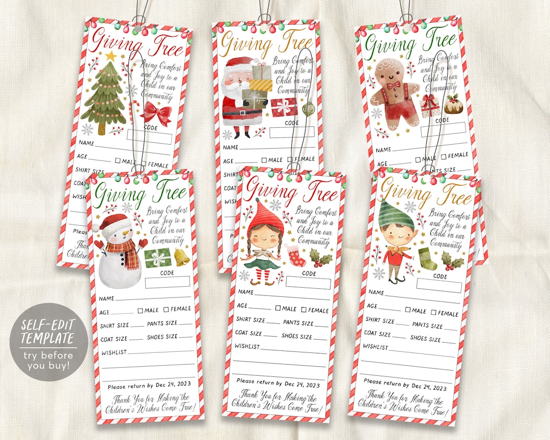 Christmas Giving Tree Gift Tag BUNDLE Editable Template, Donation Slip ...