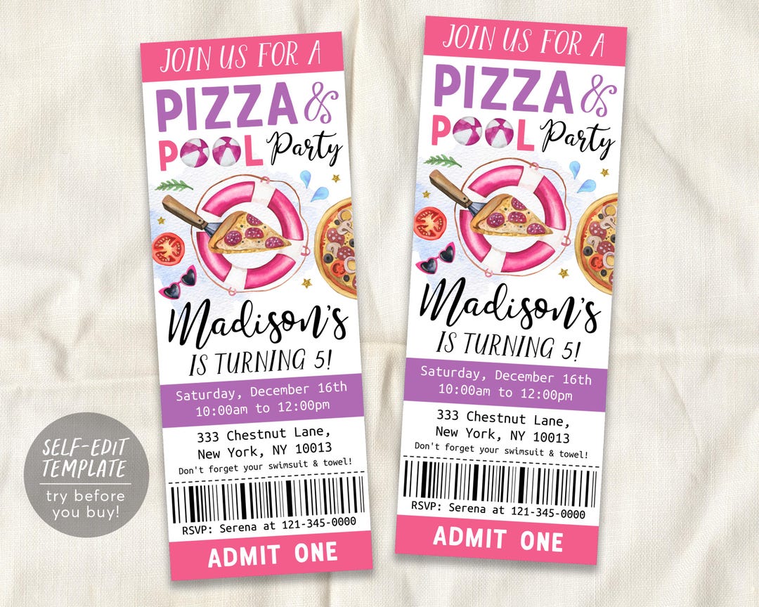 Pizza Pool Party Birthday Ticket Invitation Editable Template, Kids ...