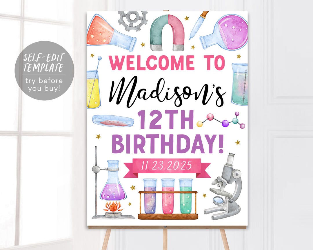 Science Theme Birthday Welcome Sign Editable Template, Girl Birthday ...
