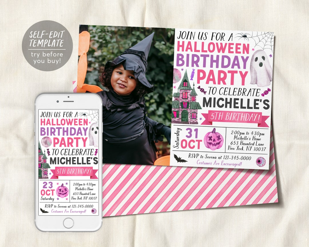 Halloween Birthday Invitation With Photo Editable Template, Girl Ghost ...