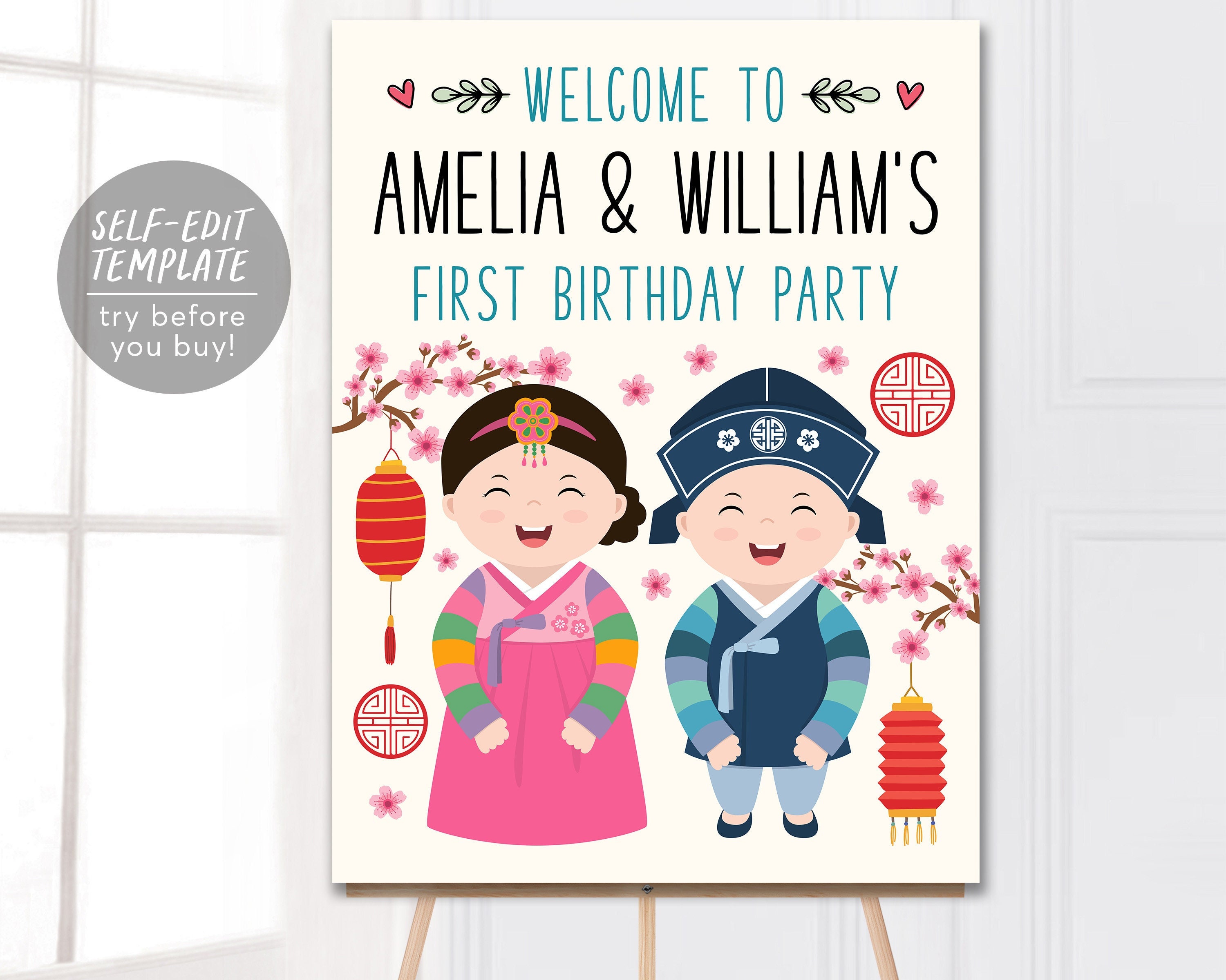 Dohl Twins Welcome Sign Editable Template, Korean First Birthday Party ...