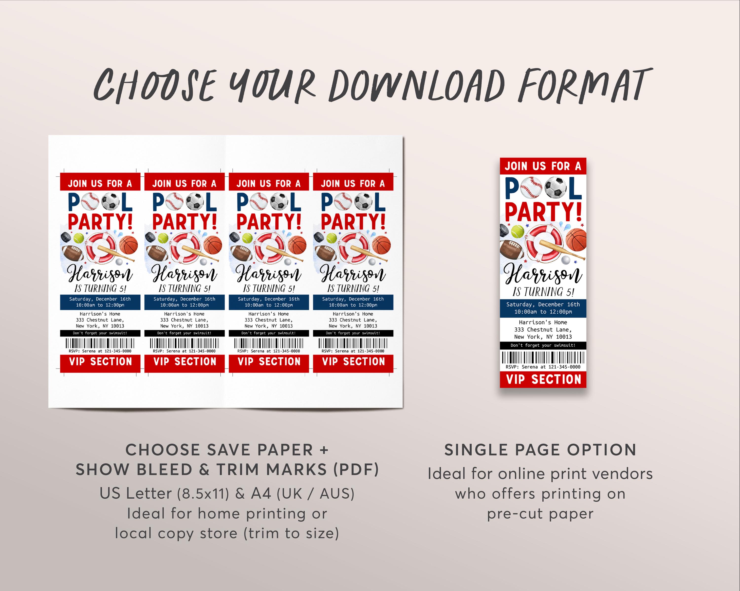 Sports Pool Party Birthday Ticket Invitation Editable Template, All ...