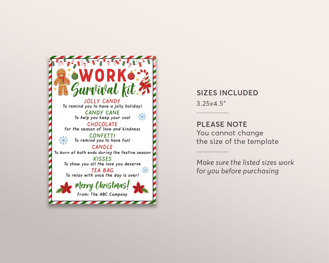 Work Survival Kit Tag Editable Template, Holiday Christmas Survival Kit ...