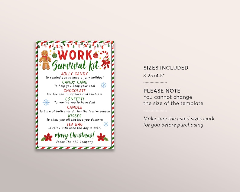 Work Survival Kit Tag Editable Template Holiday Christmas - Etsy