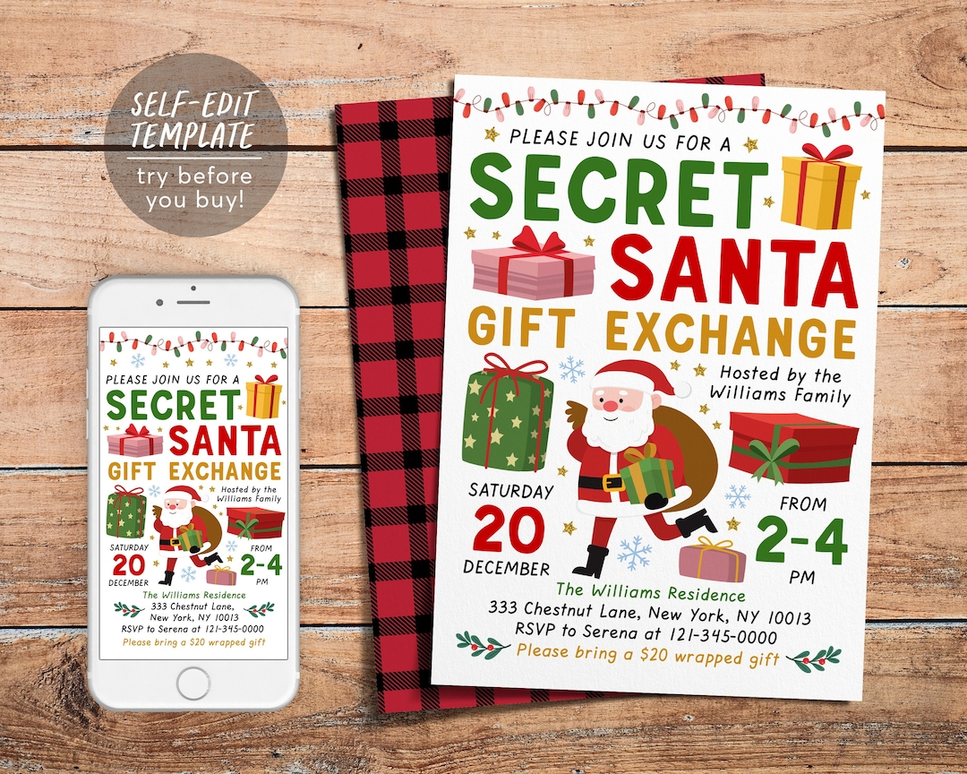 Secret Santa Gift Exchange Invitation Editable Template, Holiday ...