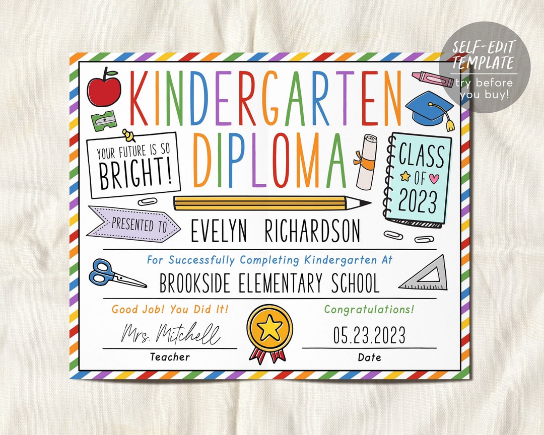 Kindergarten Graduation Diploma Editable Template, Kindergarten ...