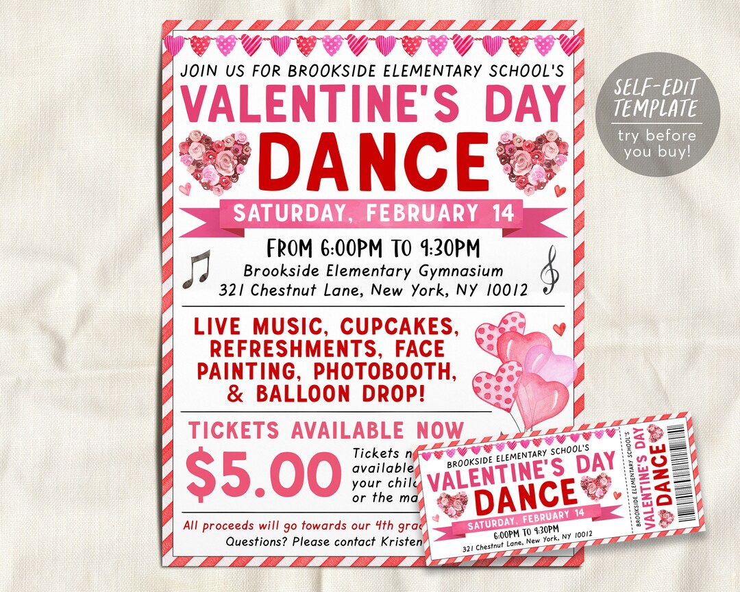 Valentine's Day Dance Flyer Editable Template, Valentines School Dance ...