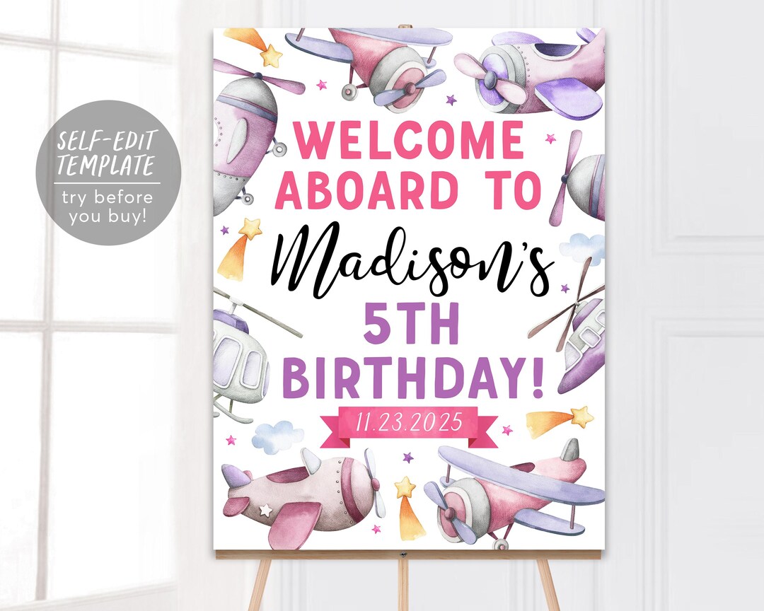 Airplane Birthday Party Welcome Sign Editable Template, Girl Aviation ...