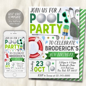 Golf Pool Party Birthday Invitation Editable Template, Summer Sports ...