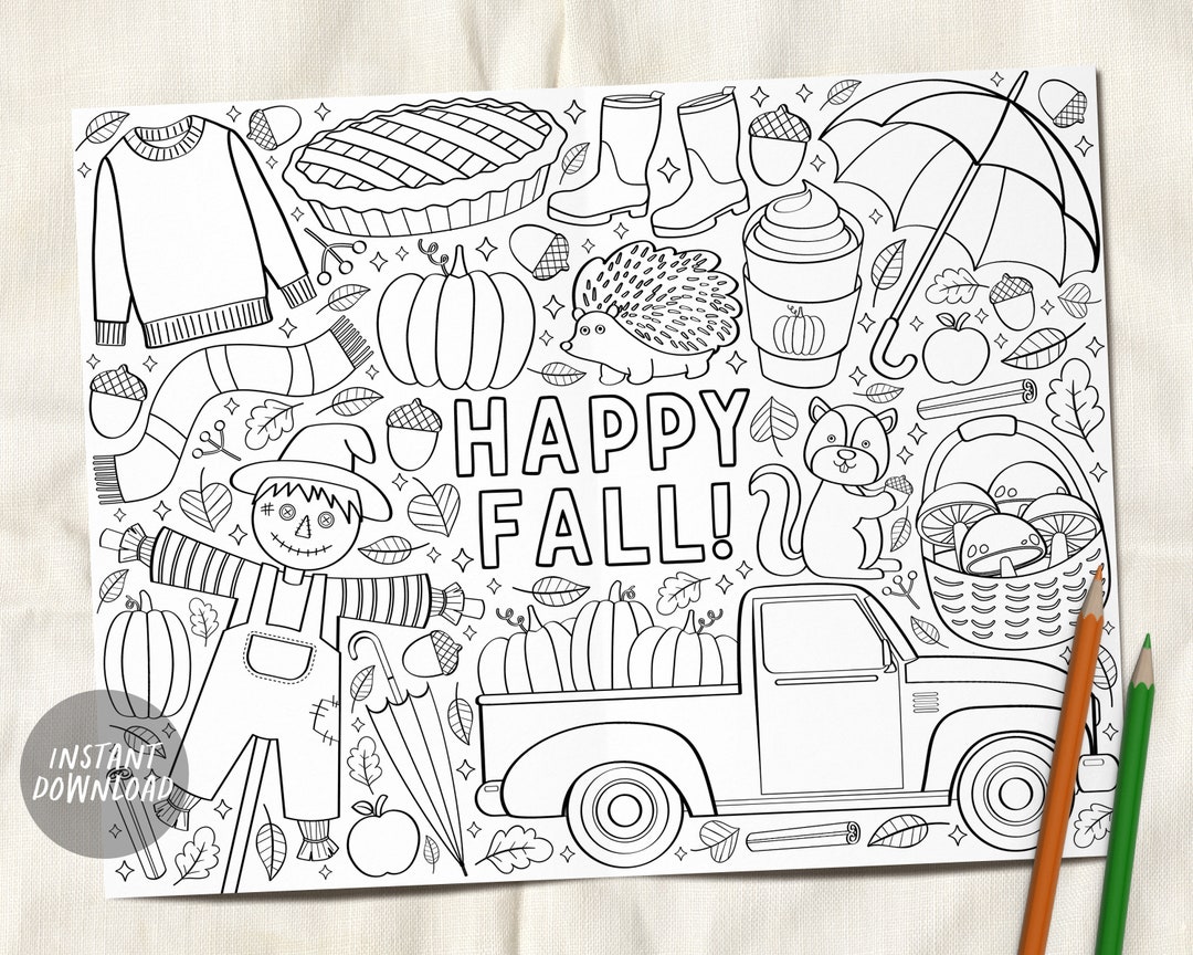 Fall Autumn Coloring Page Placemat for Kids and Adults, Pumpkin Harvest ...