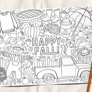 Fall Autumn Coloring Page Placemat for Kids and Adults, Pumpkin Harvest ...