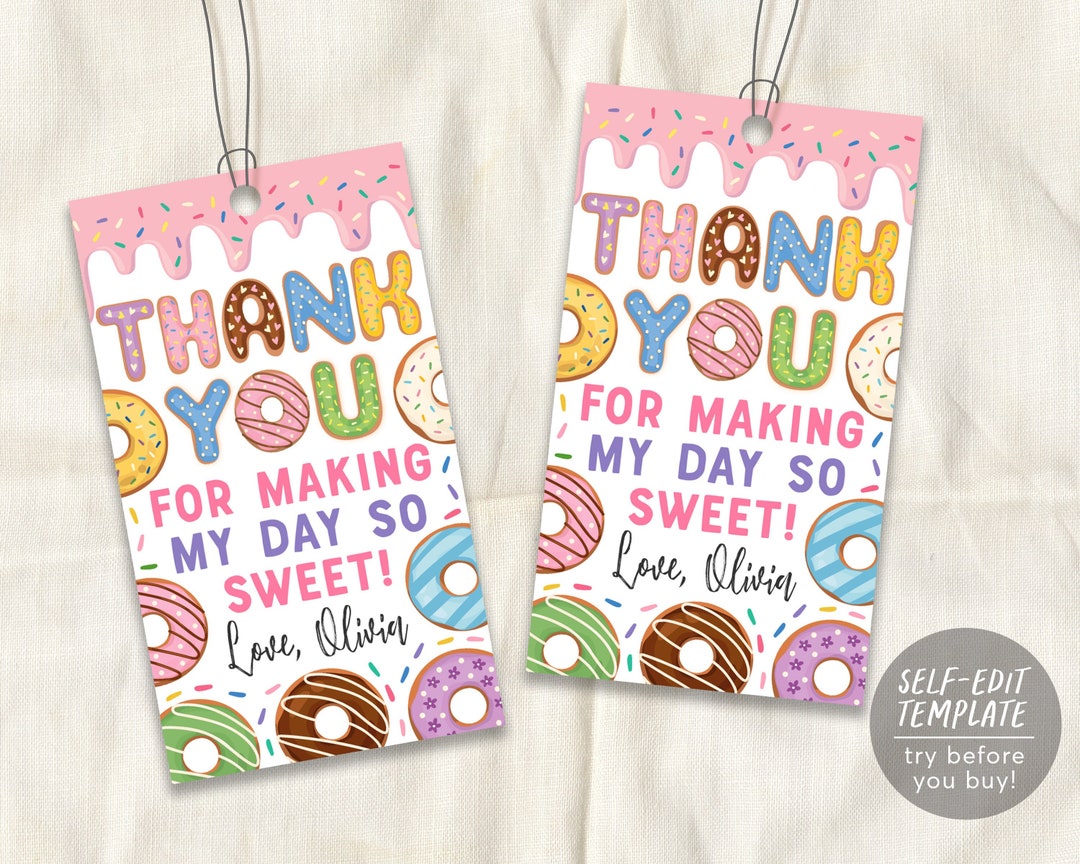 Donut Thank You Tags Editable Template, Donut Sprinkles Girl Birthday ...