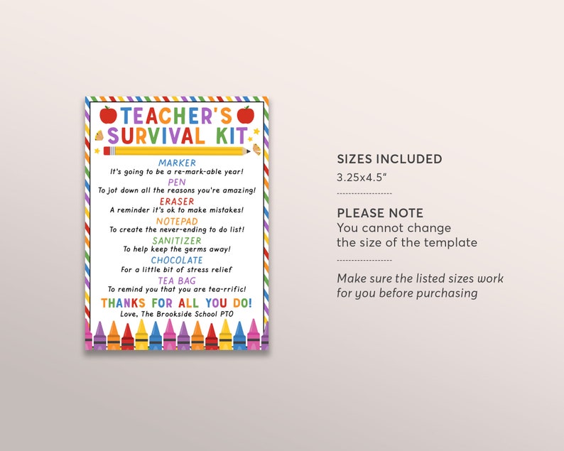 Teacher Survival Kit Editable Template Teacher Appreciation - Etsy