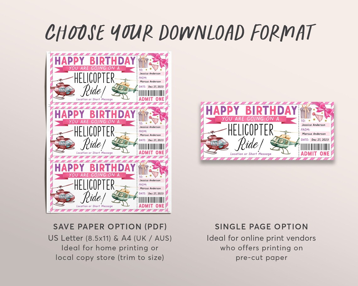 Helicopter Ride Ticket Gift Certificate Editable Template, Surprise ...