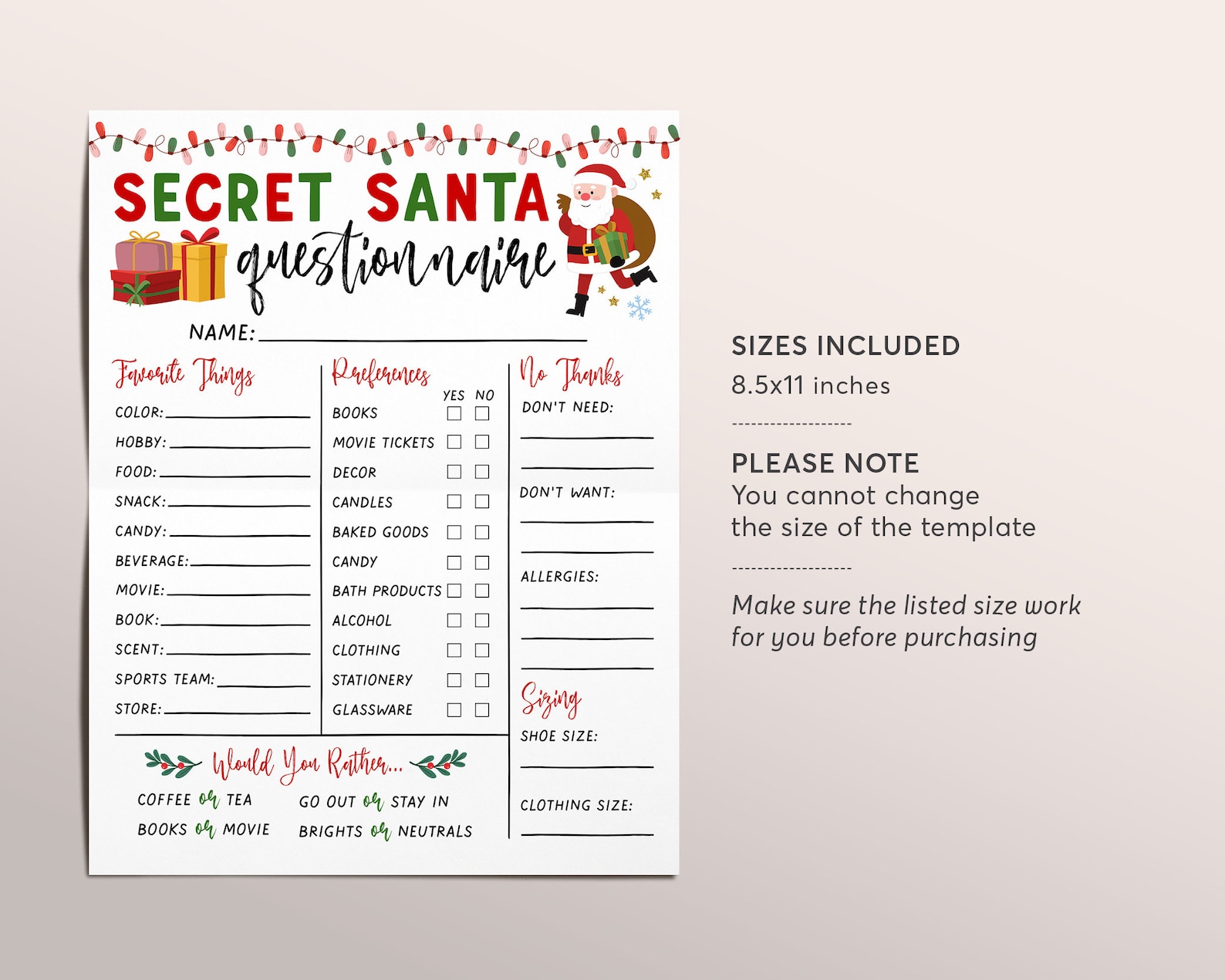 Secret Santa Questionnaire Editable Template Holiday - Etsy