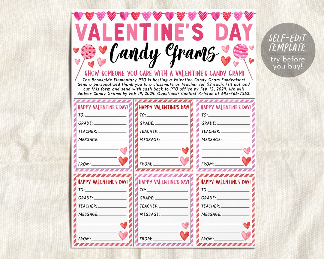 Valentine's Day Candy Gram Flyer Editable Template, Valentine Heart ...