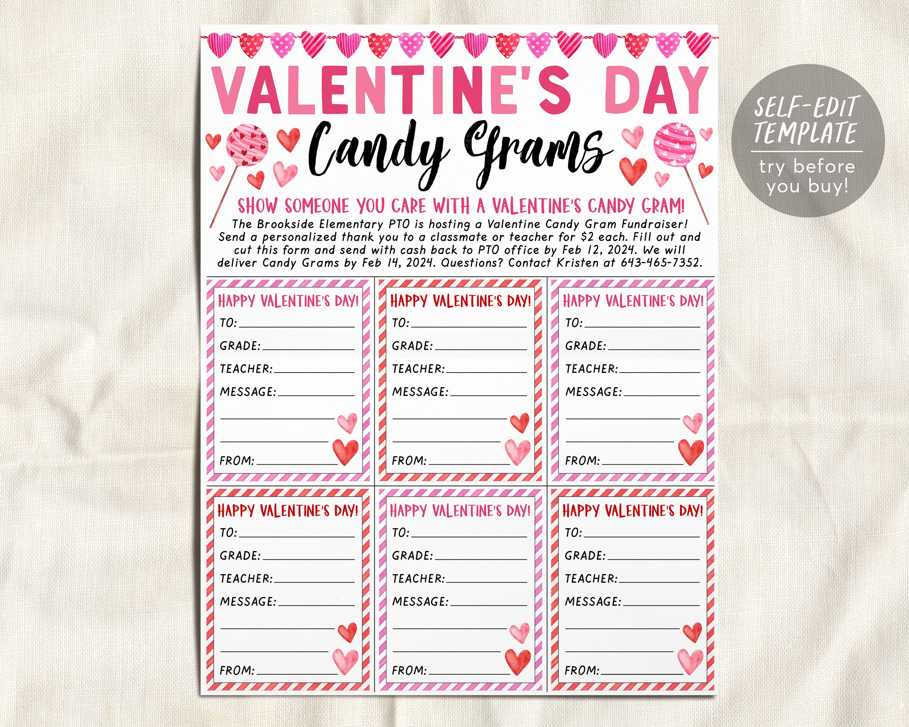 Valentine's Day Candy Gram Flyer Editable Template, Valentine Heart ...