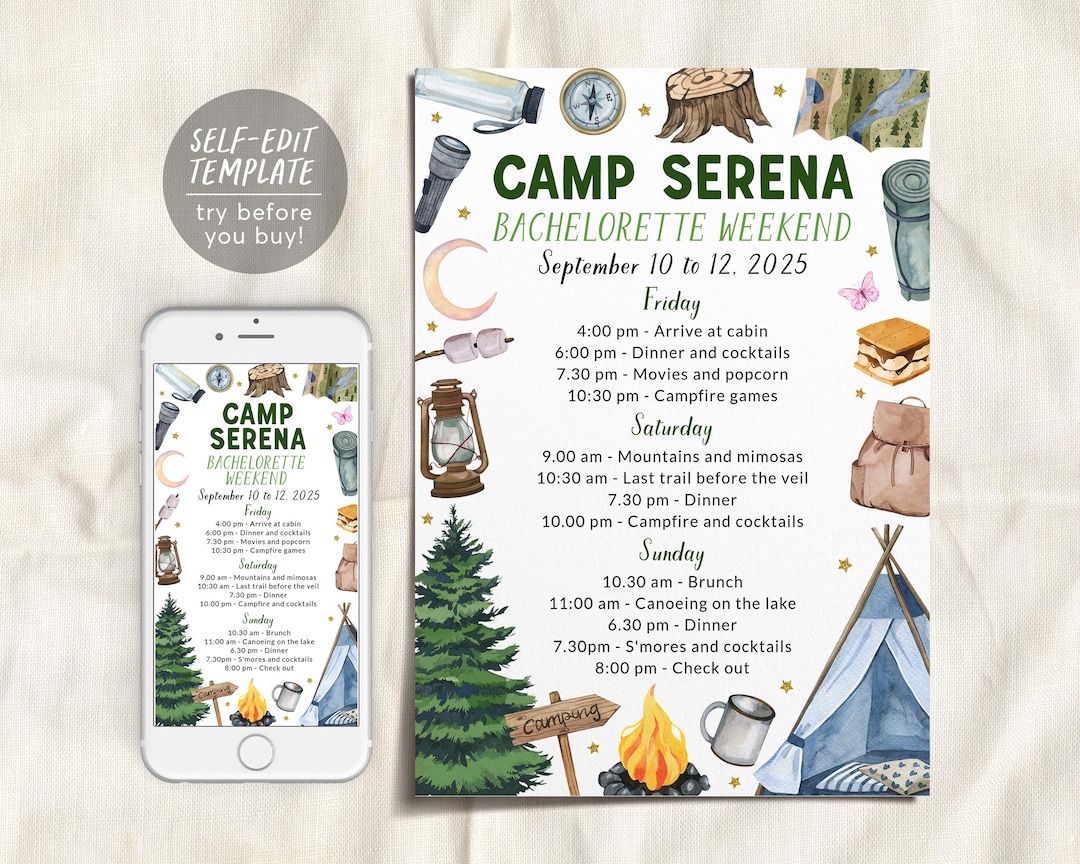 Camp Bachelorette Party Itinerary Editable Template, Outdoor Glamping ...