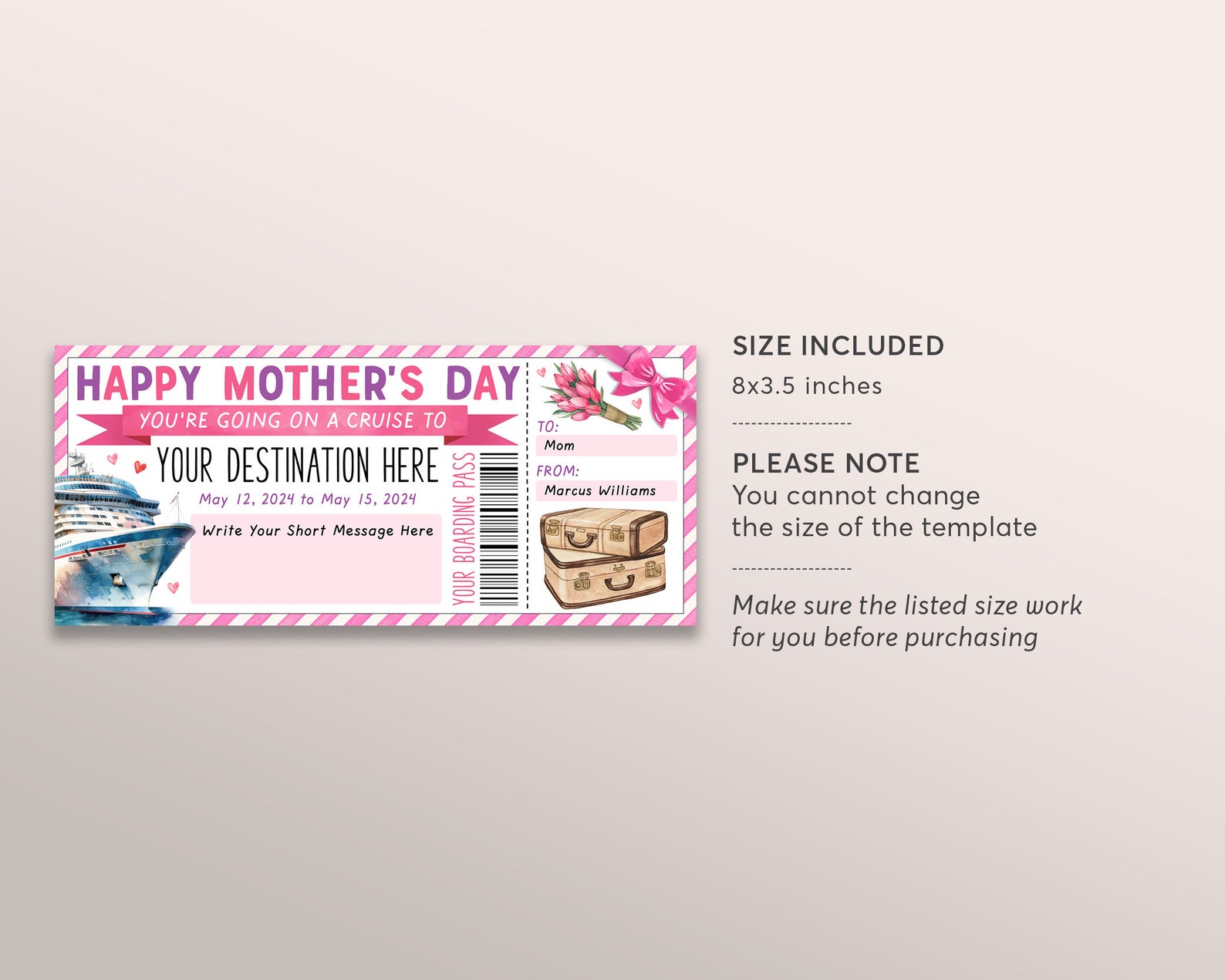Mothers Day Cruise Boarding Pass Ticket Editable Template, Surprise ...