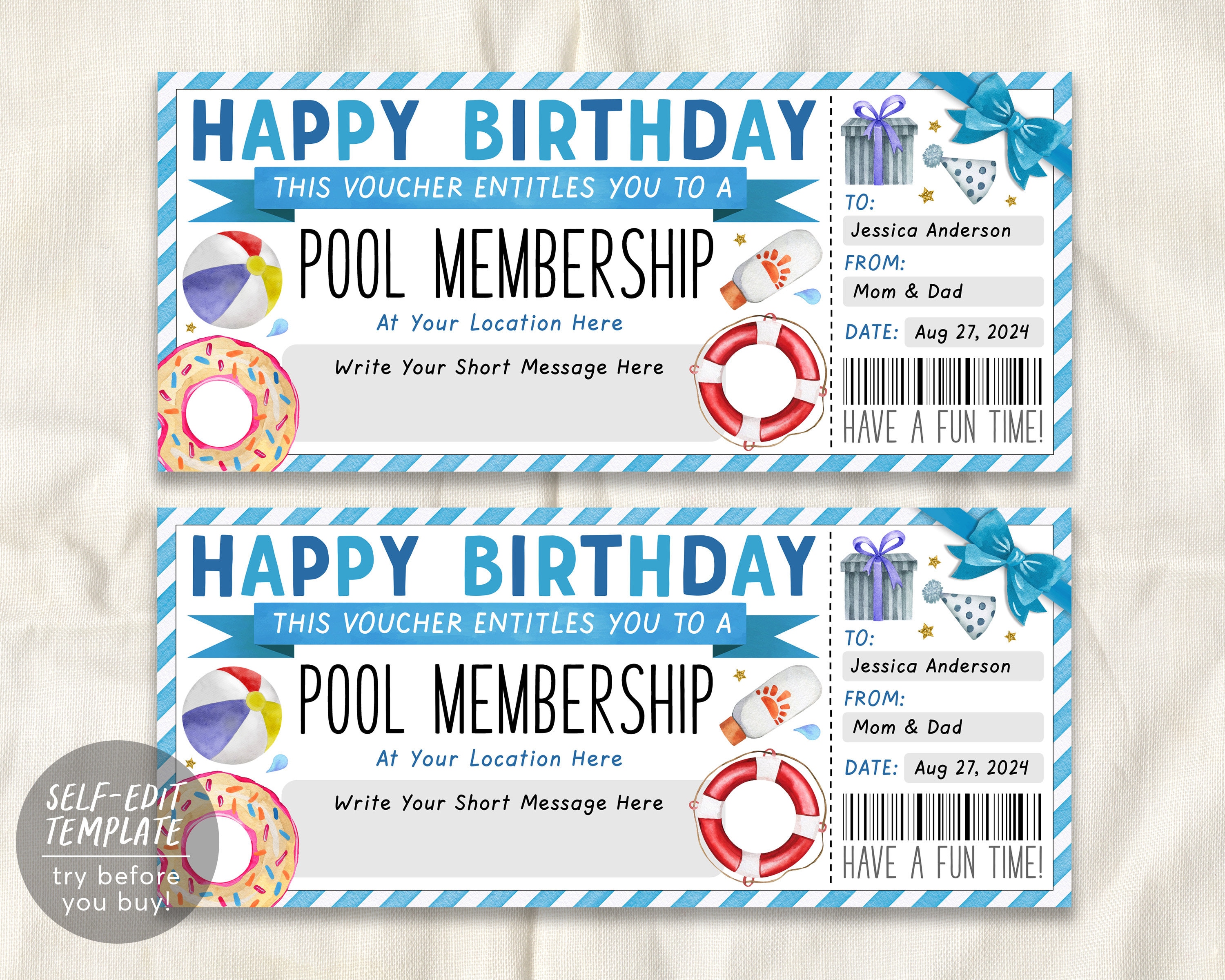 Pool Membership Gift Certificate Ticket Editable Template, Birthday ...