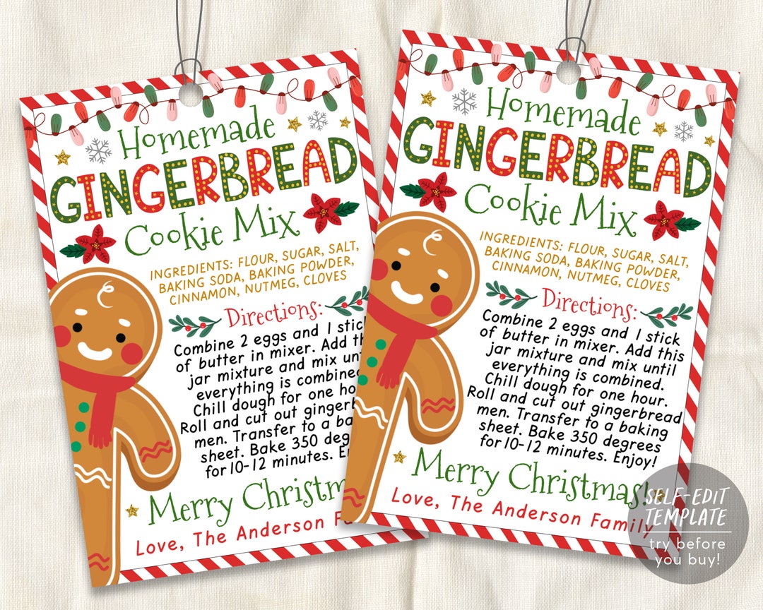 Gingerbread Recipe Christmas Gift Tag Editable Template, Holiday Cookie ...