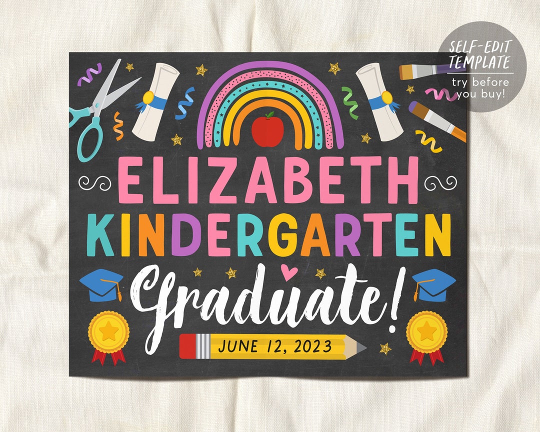Kindergarten Girl Graduation Chalkboard Sign Editable Template, Pre K ...