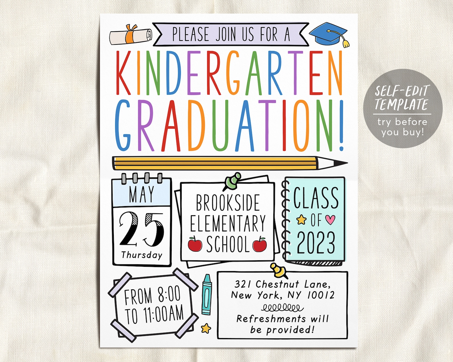 Kindergarten Graduation Invitation Flyer Editable Template, Preschool ...