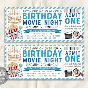 Movie Ticket Birthday Invitation Editable Template, Blue Cinema Movie ...