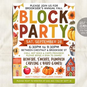 Fall Block Party Flyer Editable Template, Autumn Neighborhood Block ...