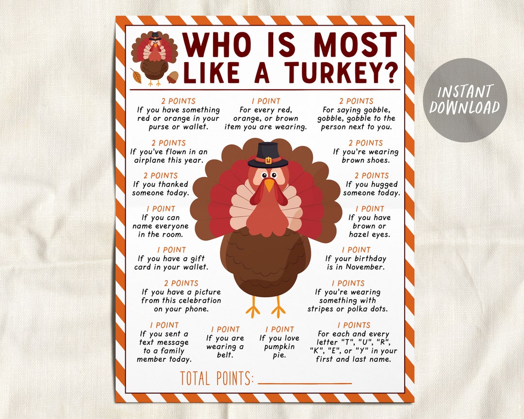 Thanksgiving Game Who is Most Like the Turkey Printable, Fall ...