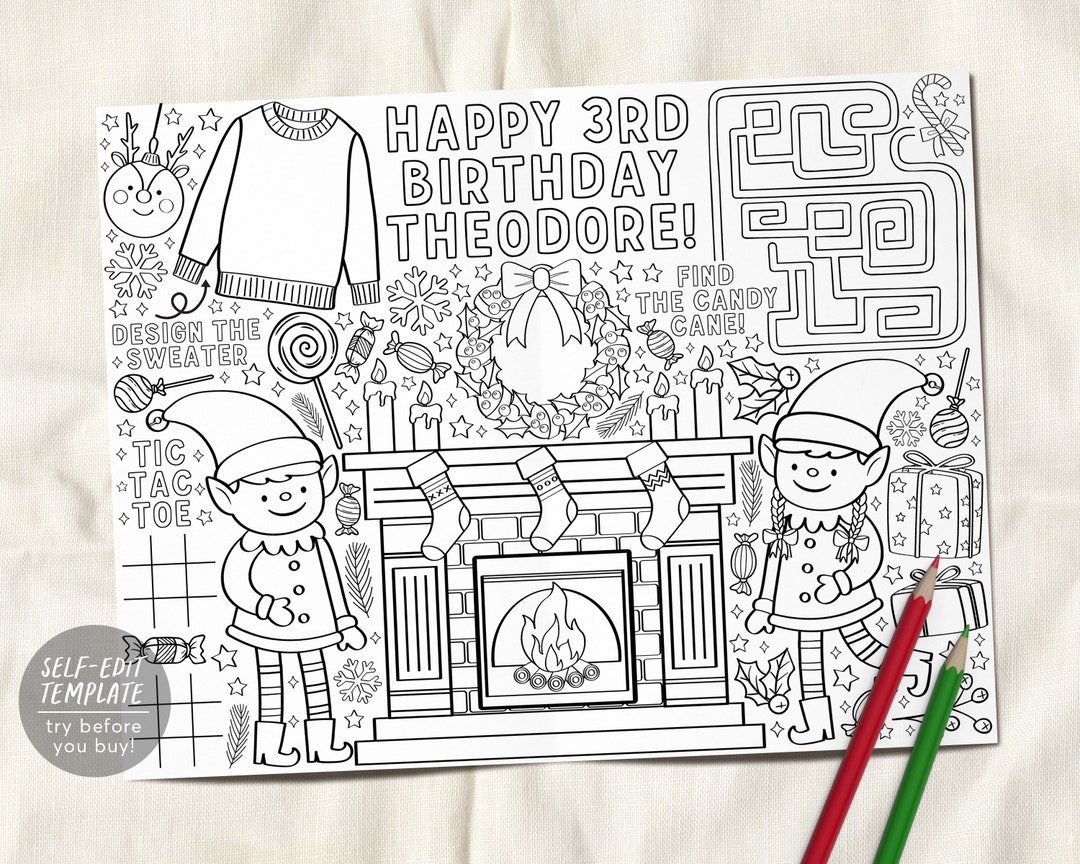 Elf Birthday Coloring Page Placemat for Kids Editable Template ...