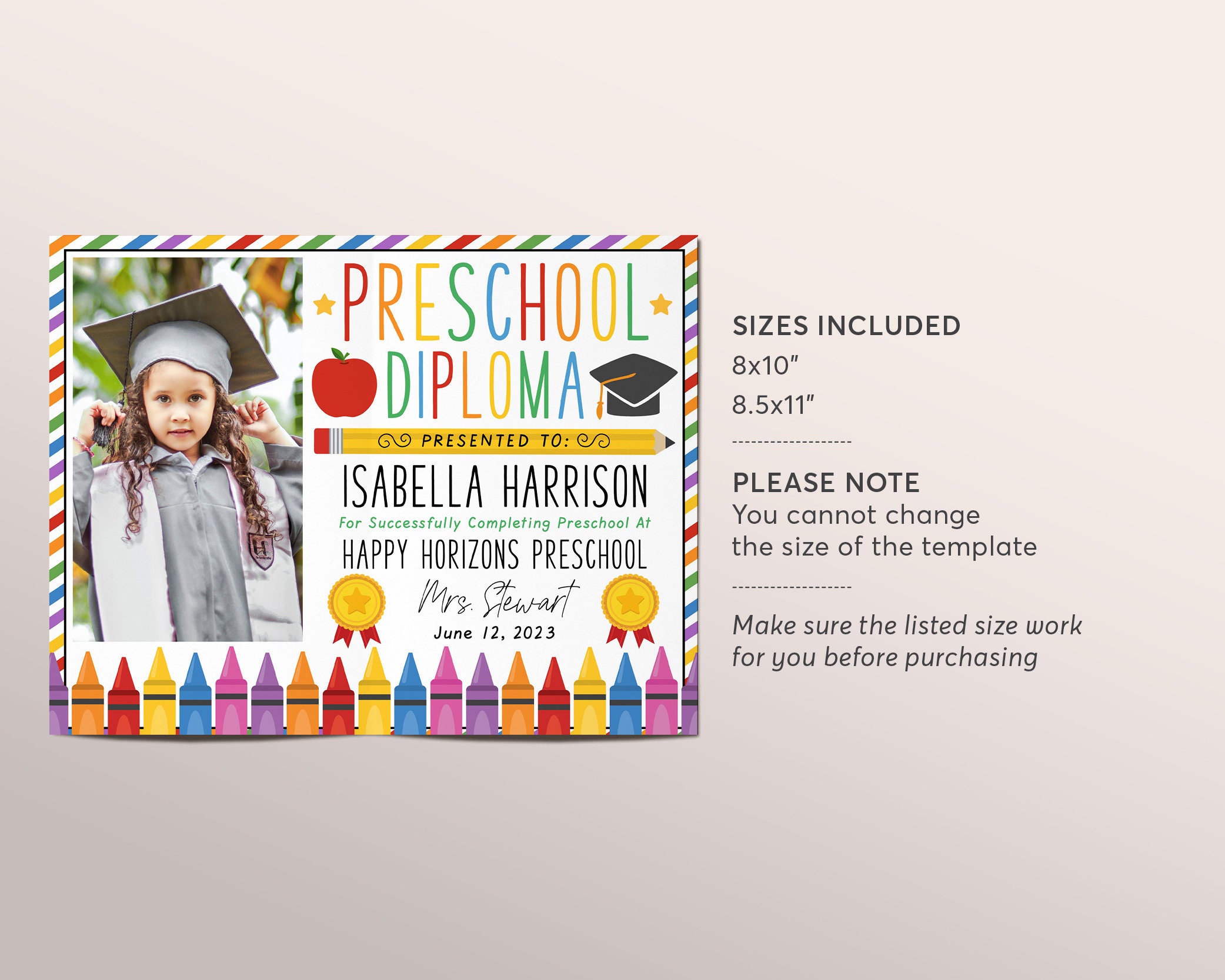 Preschool Graduation Diploma With Photo Editable Template, Prek ...