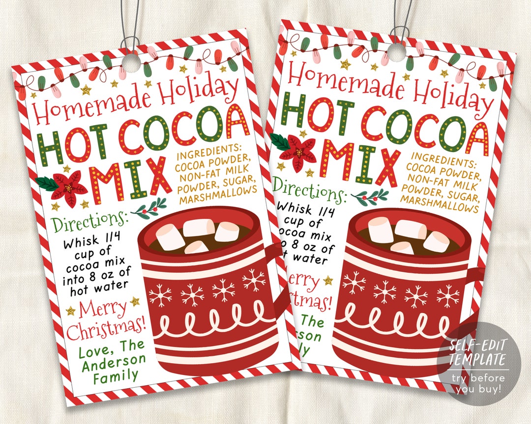 Hot Cocoa Christmas Gift Tag Editable Template, Holiday Hot Chocolate ...