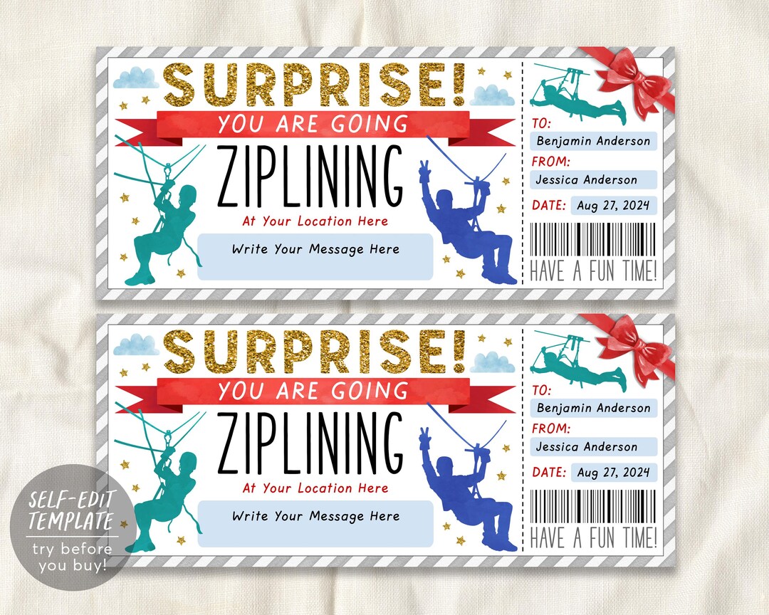 Ziplining Ticket Gift Certificate Ticket Editable Template, Surprise ...