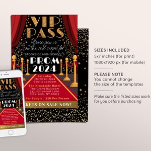VIP Pass Prom Invitation Editable Template, Red Carpet School Dance ...