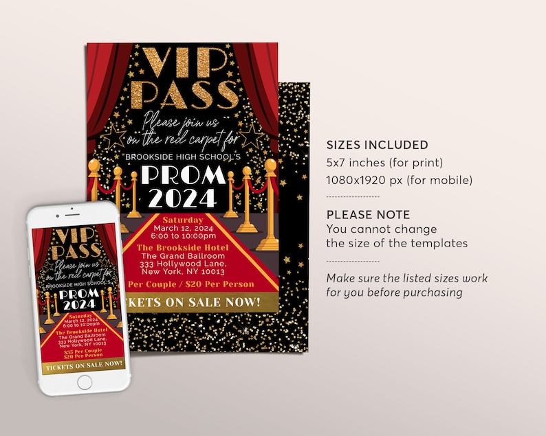 VIP Pass Prom Invitation Editable Template, Red Carpet School Dance ...