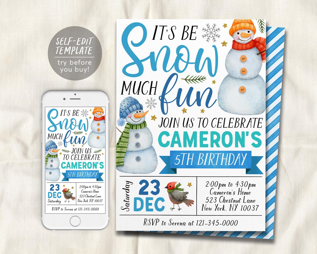 Snowman Birthday Invitation Editable Template, Boy Snow Much Fun Party ...