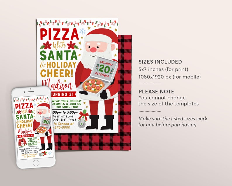 Pizza With Santa Invitation Editable Template, Pizza and Pajamas ...
