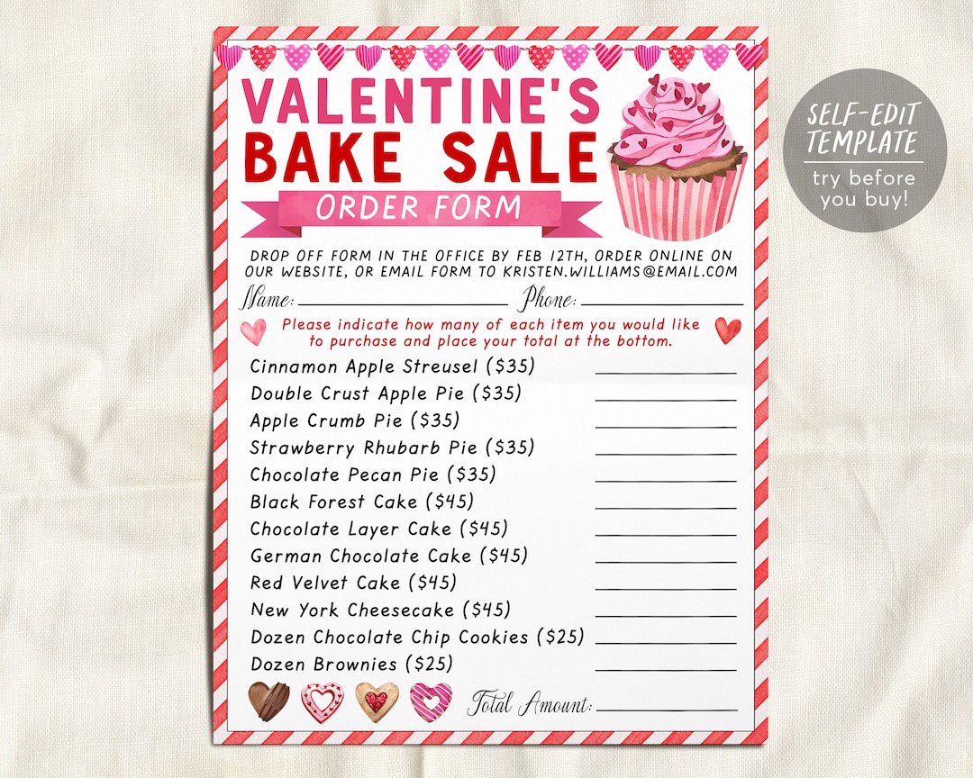 Valentines Day Bake Sale Order Form Editable Template, Valentine ...