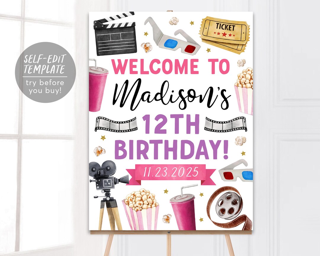 Movie Night Birthday Welcome Sign Editable Template, Girl Kids Pop on ...