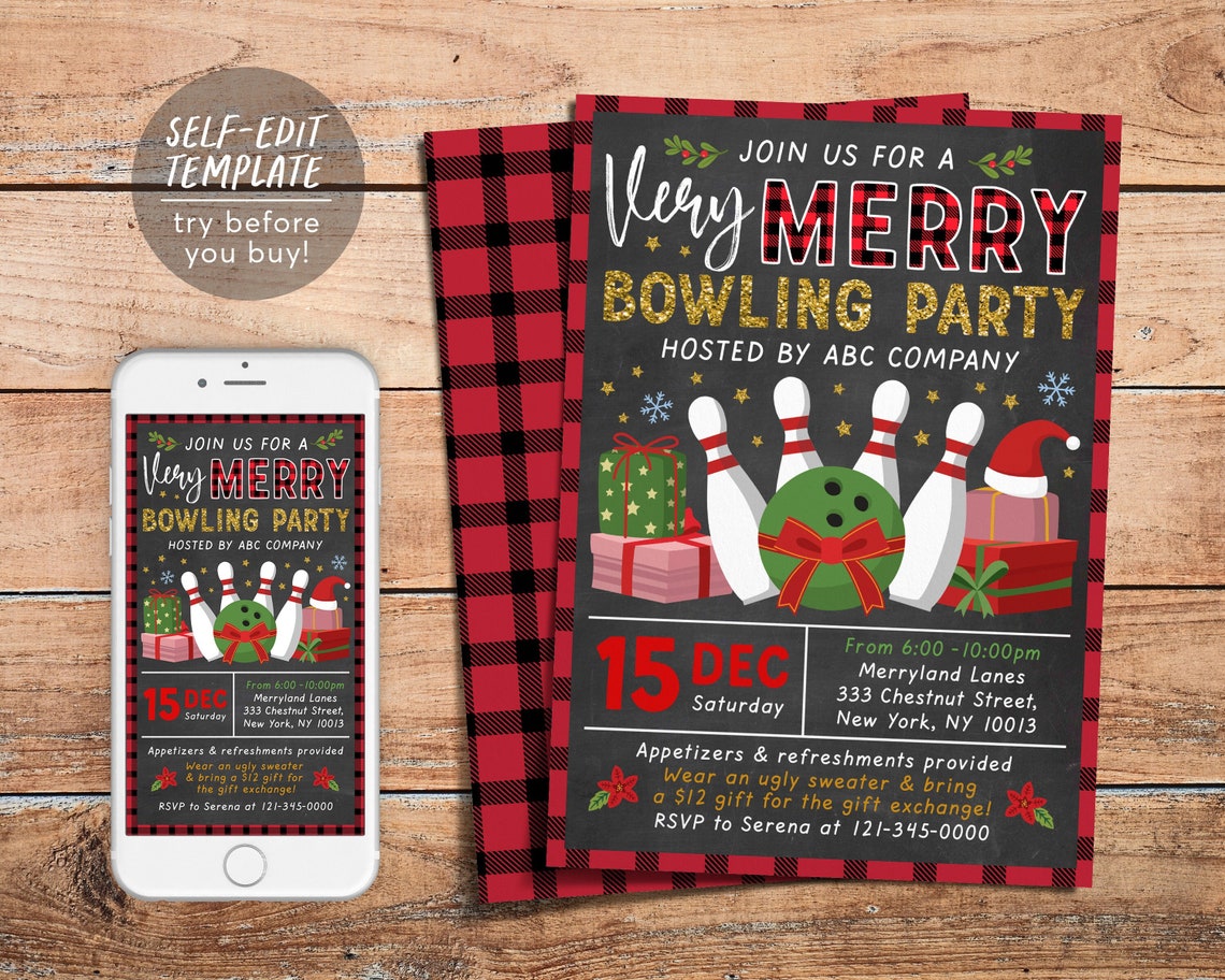 Holiday Bowling Party Invitation Editable Template, Christmas Xmas ...