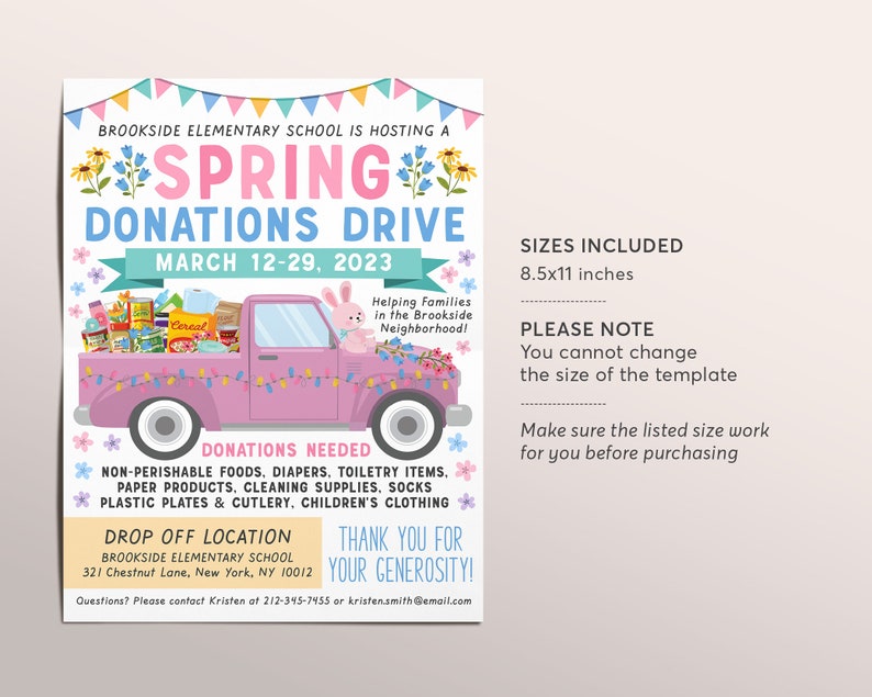 Spring Easter Donations Food Drive Flyer Editable Template, Toiletries ...
