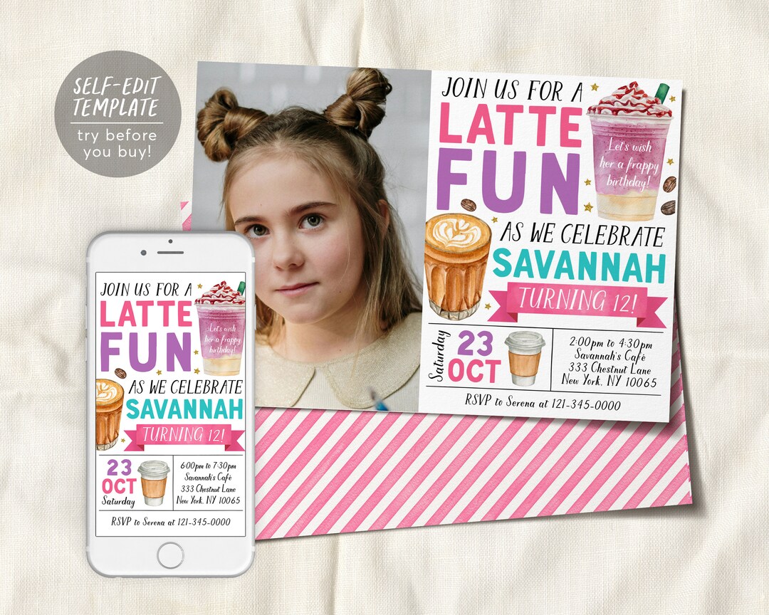 Coffee Shop Invitation With Photo Editable Template, Latte Fun Frappy ...