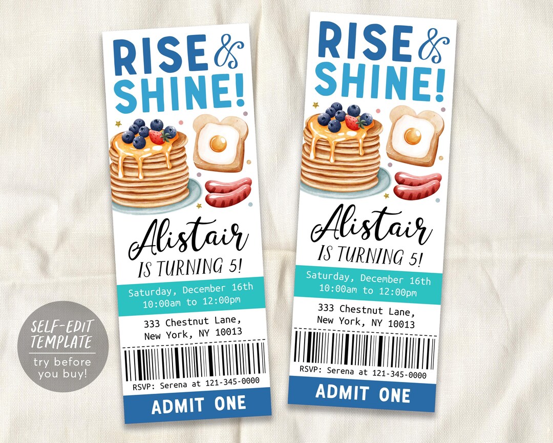 Breakfast Brunch Birthday Ticket Invitation Editable Template, Kids Boy ...