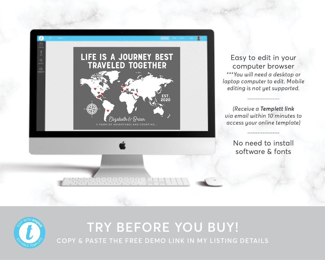 Editable Couples Travel Map Print Template Life is a Journey | Etsy